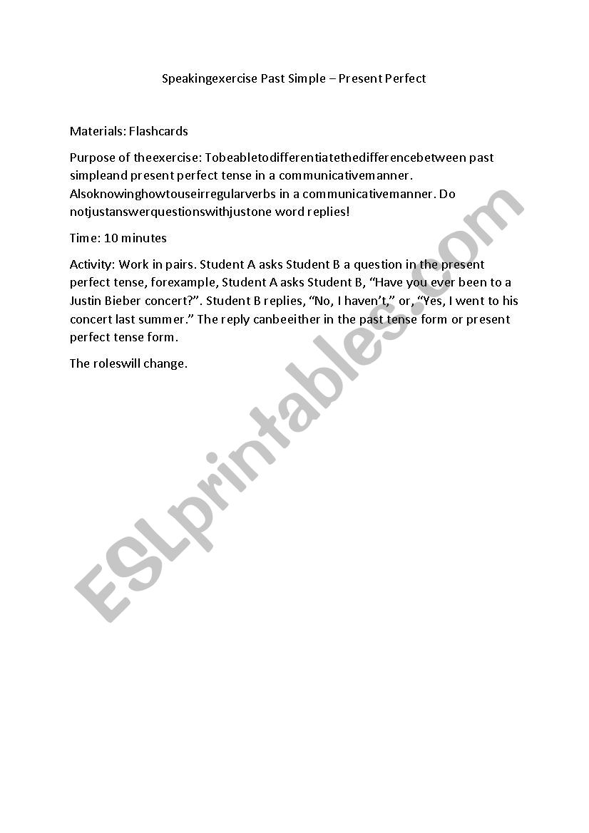 Speaking exercise Past Simple – Present Perfect - ESL worksheet by Sandman