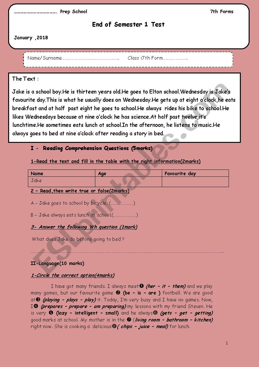 end os semester 1 test - ESL worksheet by basma zerelli end os semester 1 test - ESL worksheet by basma zerelli