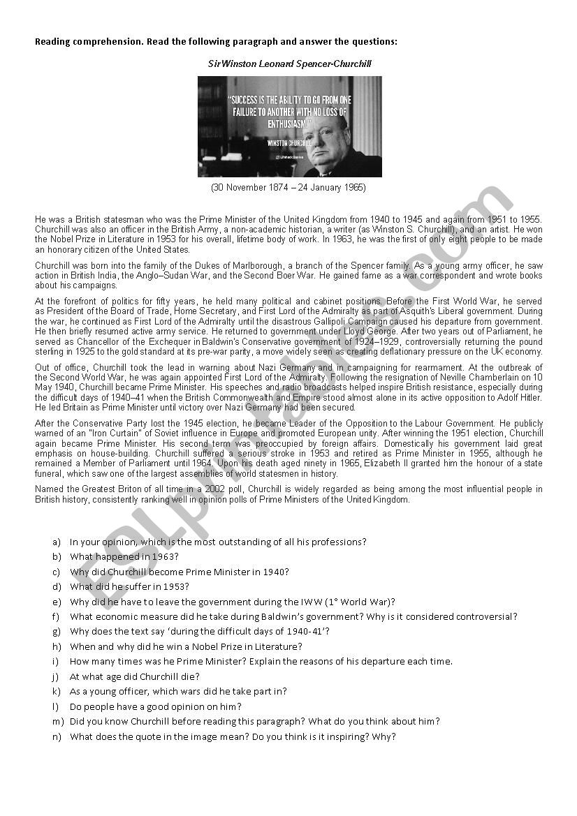 Reading Comprehension - Churchill´s Biography - ESL worksheet by alalvarez