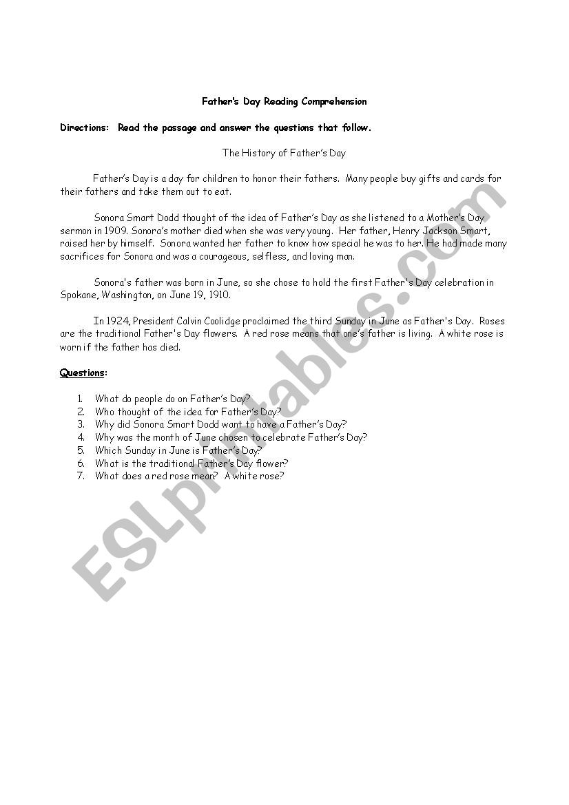 Father´s day reading comprehension intermediate level, B1 - ESL ...