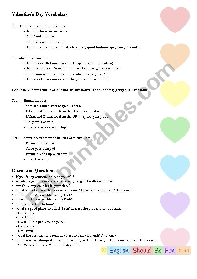 ValentineÂ´s Vocab, Discussion, Reading - ESL worksheet by ...