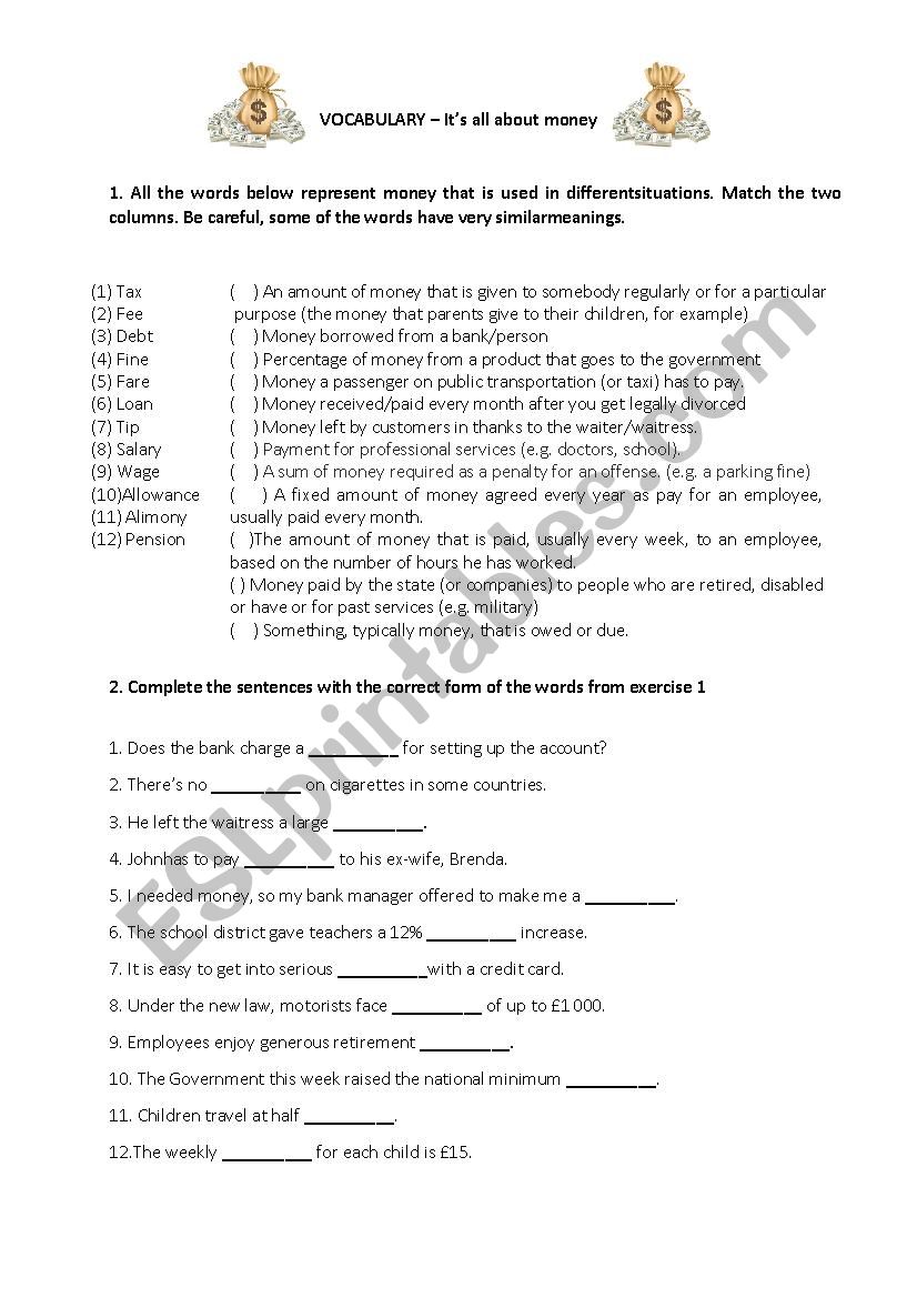 It´s all about Money - Vocabulary - ESL worksheet by jonaskw