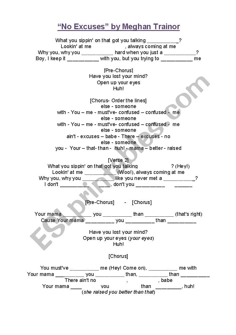 No Excuses” by Meghan Trainor - ESL worksheet by popera_flor