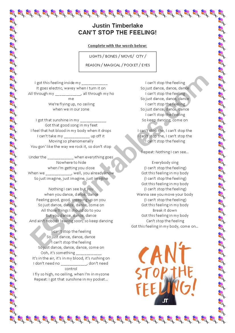 Can´t Stop the Feeling - Justin Timberlake - ESL worksheet by isabelaaadias