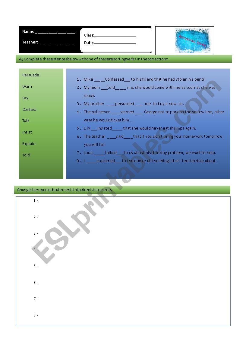 Reporting verbs for statements - ESL worksheet by Irvingadrian28