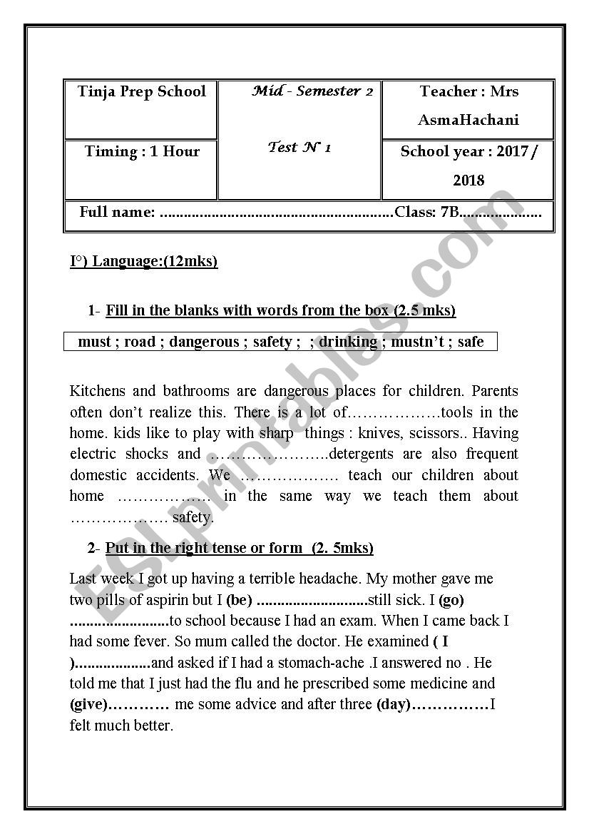 mid semester 2 test n° 1 - ESL worksheet by sarouna