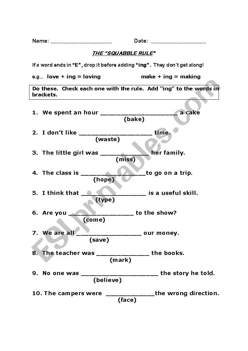 Drop e Before Adding ing ESL Worksheet By Laurieann
