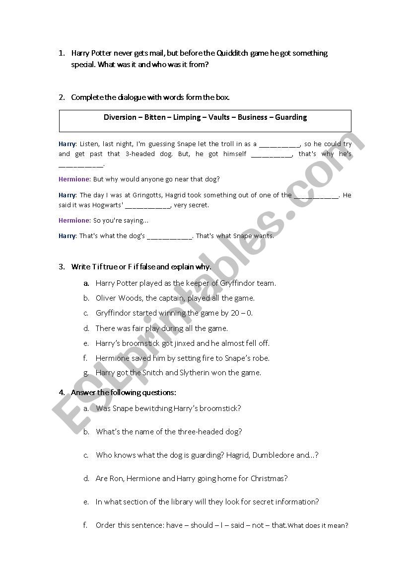 Harry Potter and the Philosopher´s Stone comprehension activities - ESL ...