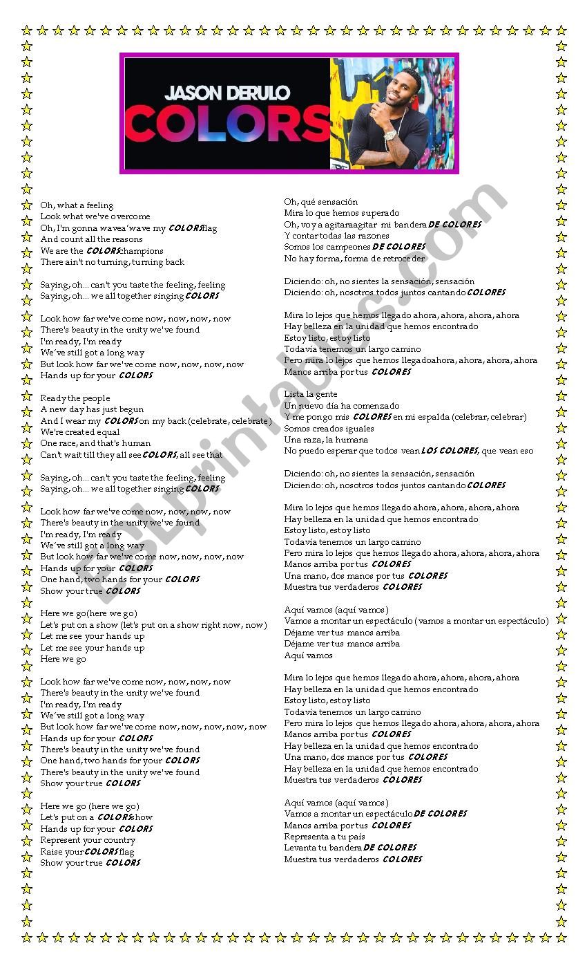 Song: ´COLORS´ by Jason Derulo - ESL worksheet by roxmar