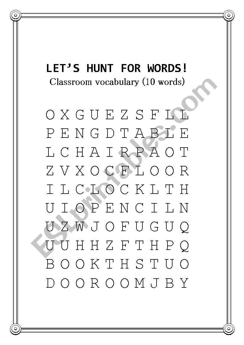 Let´s Hunt for Words (10 Classroom Vocabulary) - ESL worksheet by fksunano