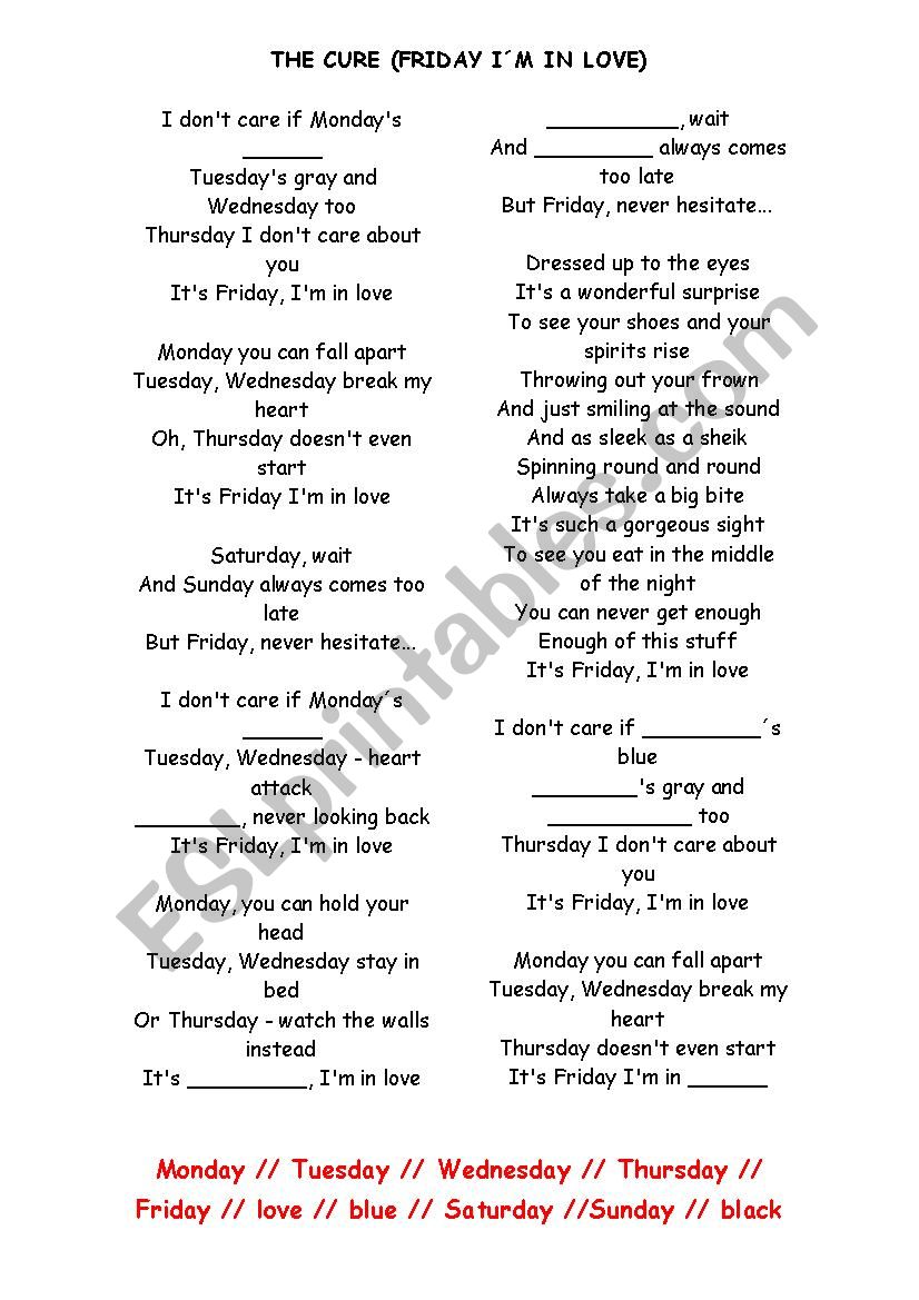 IT´S FRIDAY, I´M IN LOVE - ESL worksheet by migueloto