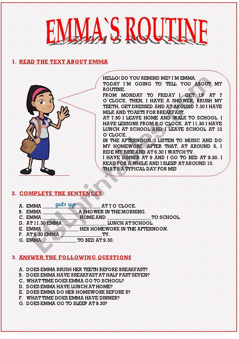 emma´s routine - ESL worksheet by lauhealy