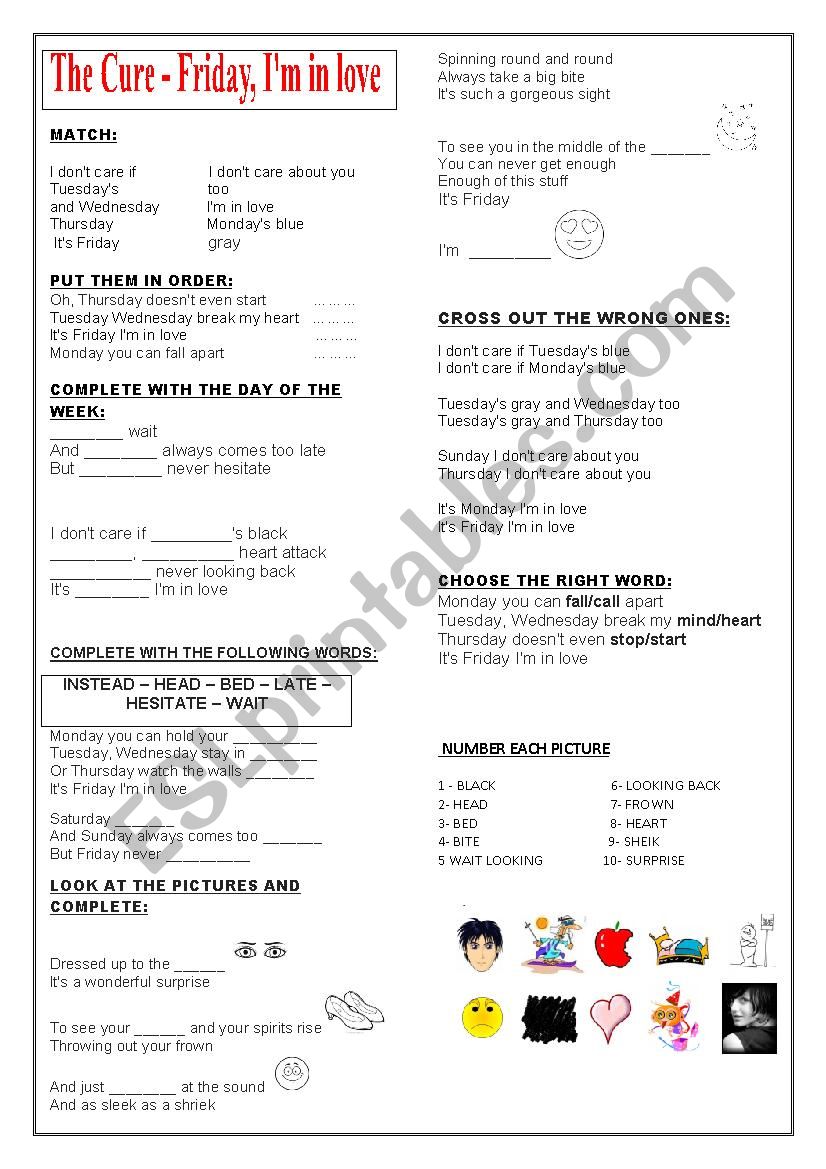 FRIDAY, I´M IN LOVE - ESL worksheet by teacherjuanpb