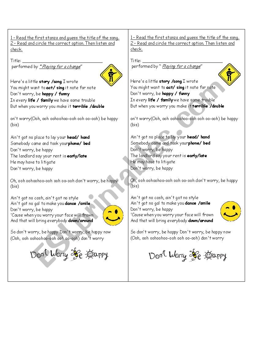 Song - Don´t worry, be happy. - ESL worksheet by Ana G