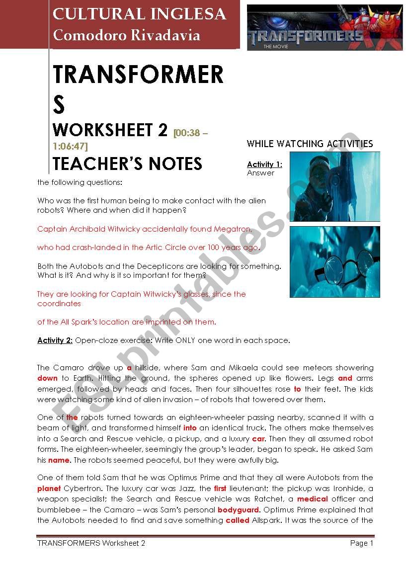Transformers 2 Teacher´s notes - ESL worksheet by oregon91