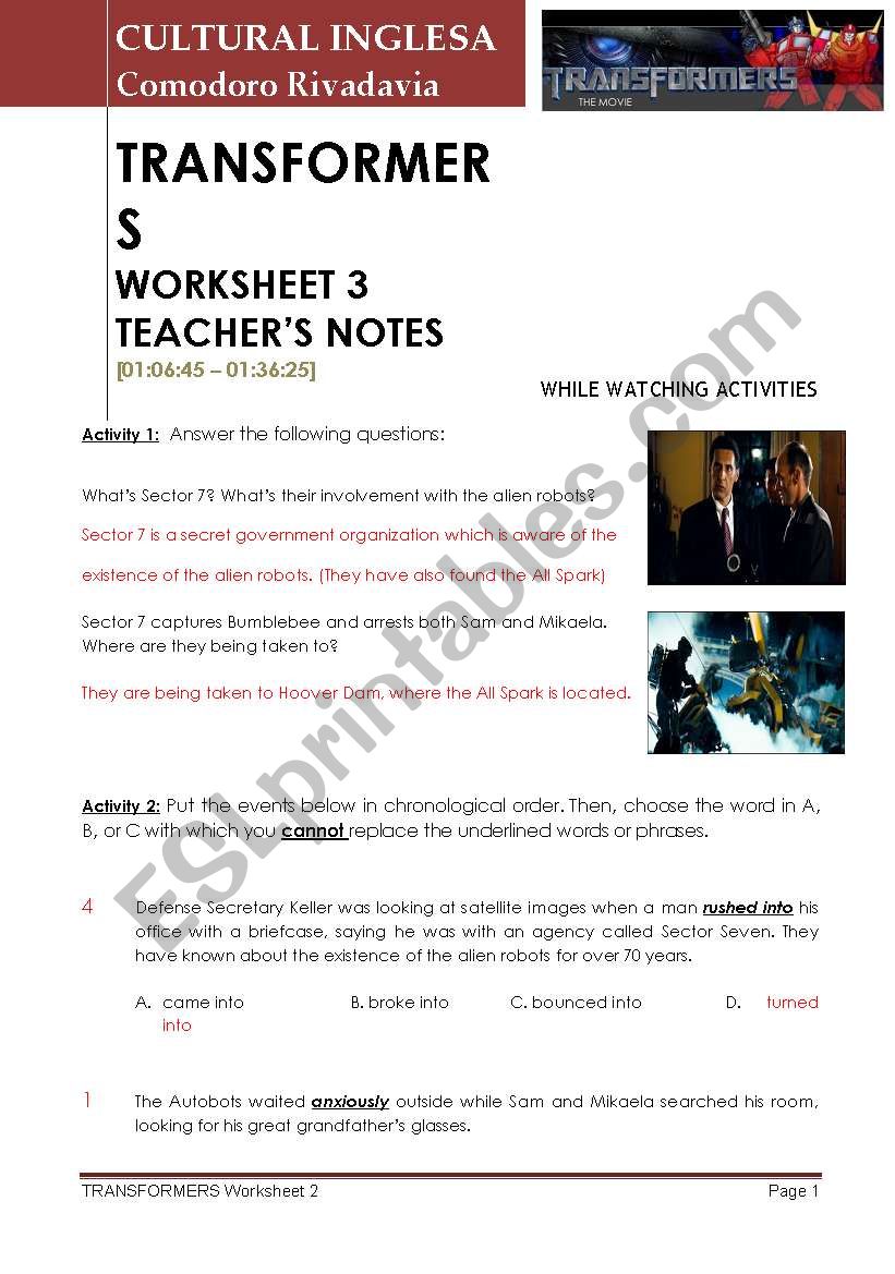 Transformers 3 Teacher´s notes - ESL worksheet by oregon91