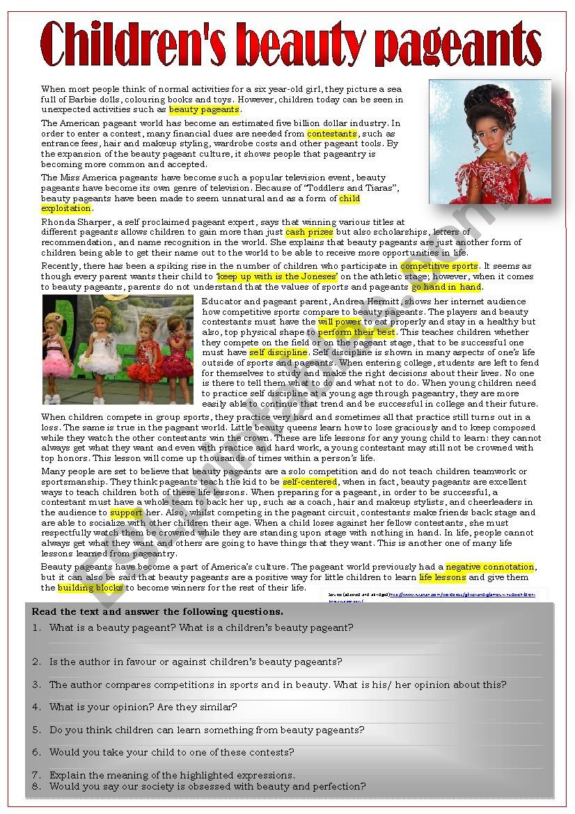 CHILDREN´S BEAUTY PAGEANTS - ESL worksheet by pilarmham