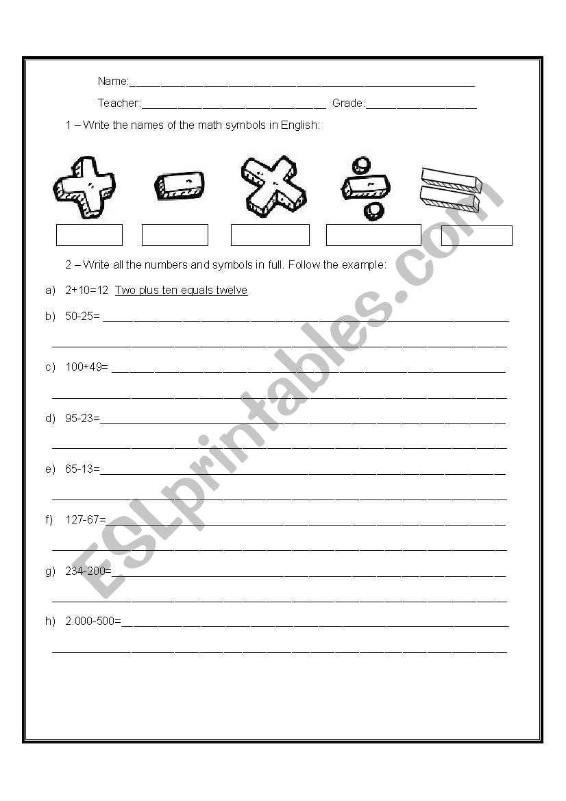 Math In English Worksheet