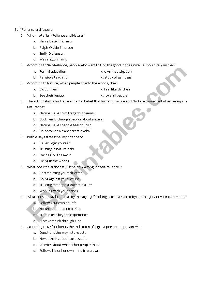 Emerson´s Nature and Self-Reliance test - ESL worksheet by kmboyle05