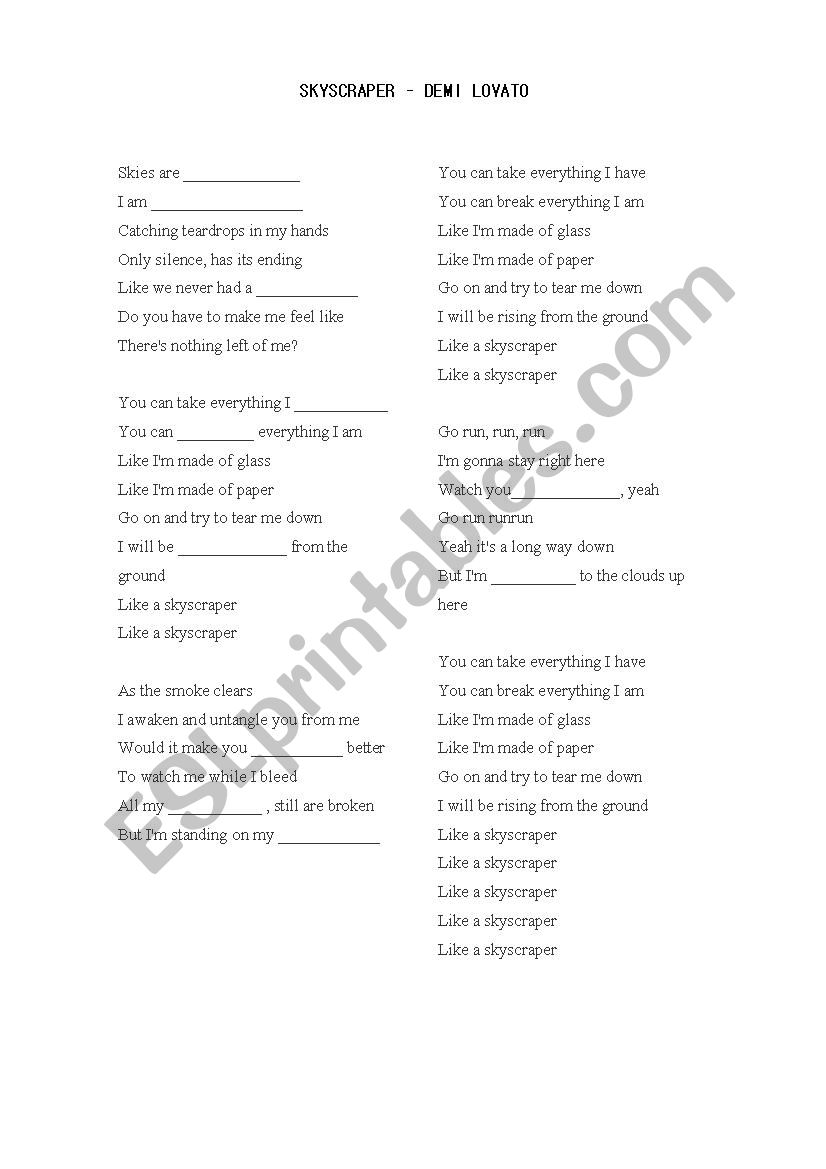 SKYSCRAPER – DEMI LOVATO - ESL worksheet by lezamarioli