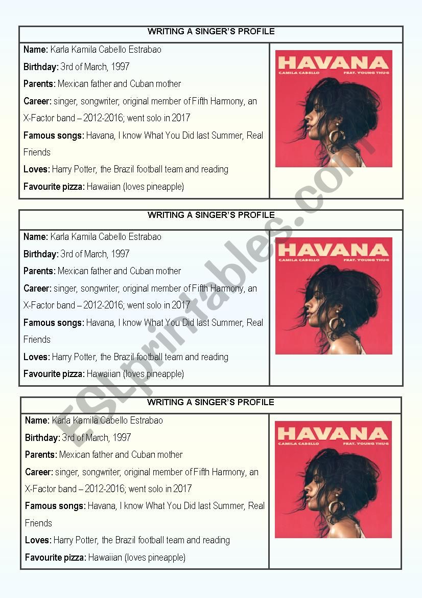 Writing a singer´s profile - ESL worksheet by sandramaisa