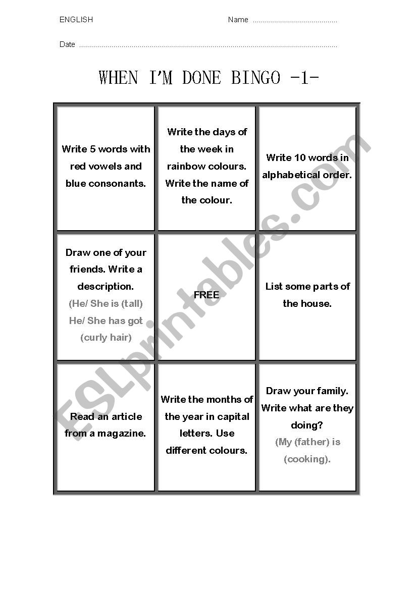 When I´m done bingo - ESL worksheet by mtarm