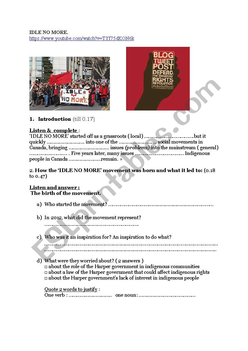 Canada´s Indigenous people & the Idle no more movement - ESL worksheet ...