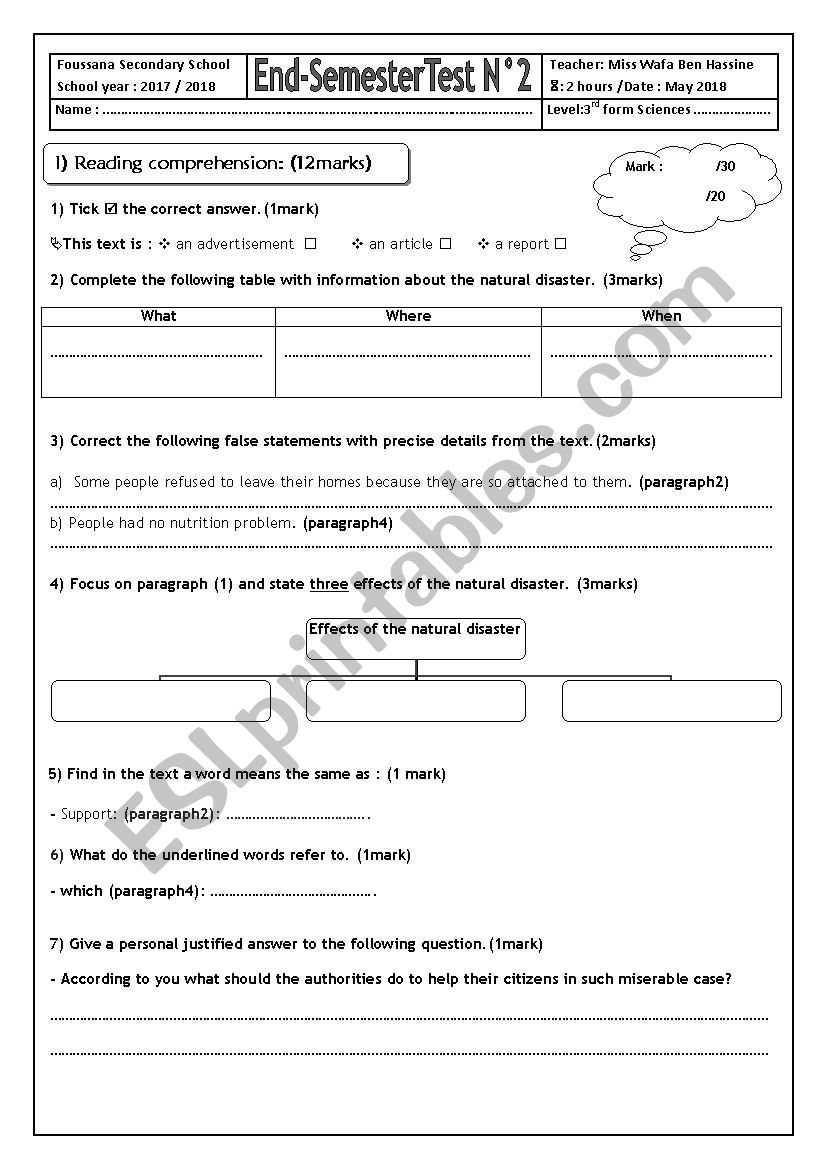 End Of Semester Test N°2 (third form) - ESL worksheet by wafouta