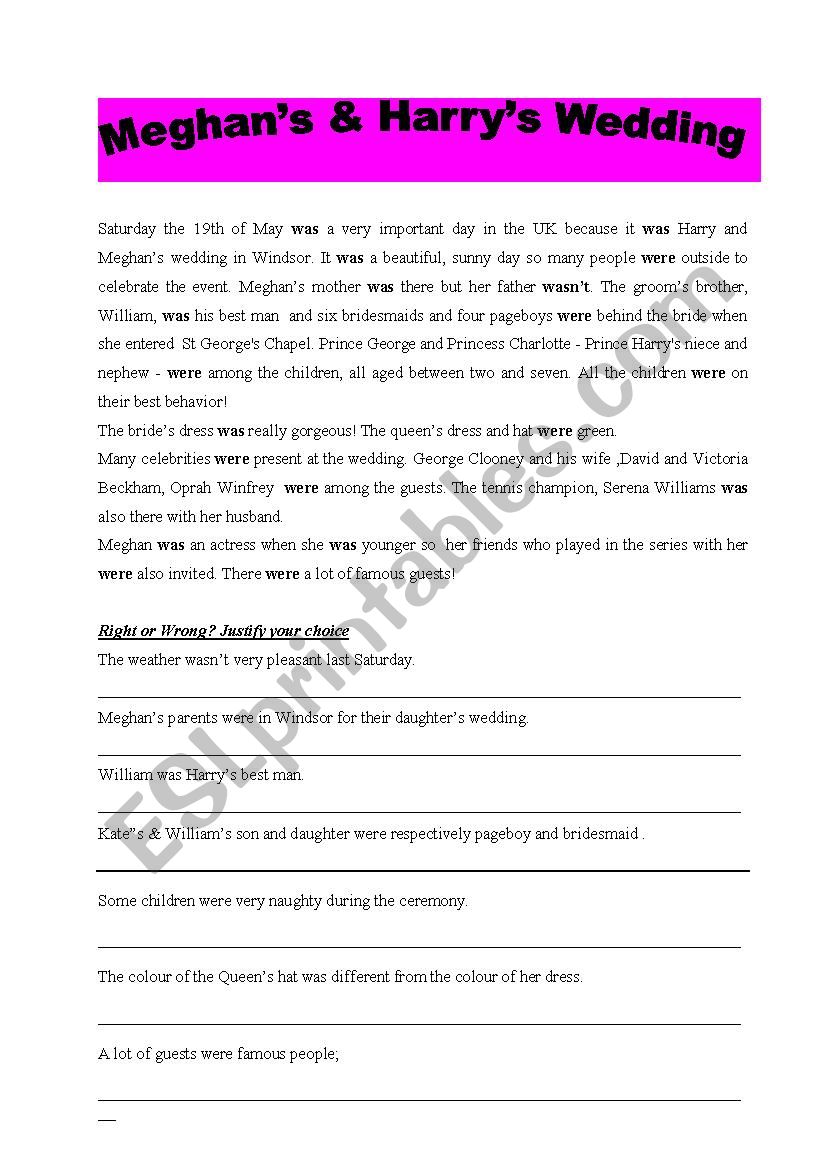Meghan´s & Harry´s wedding - ESL worksheet by gayetc