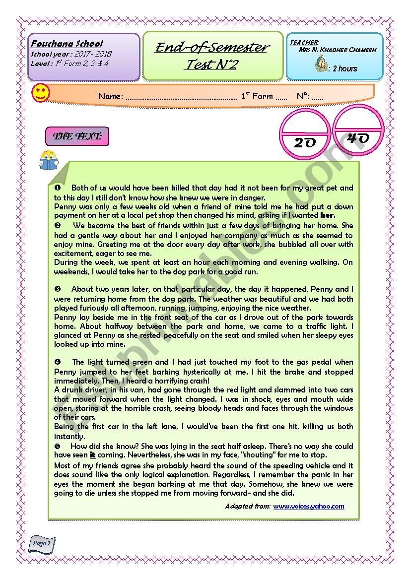 1st form, End-of-semester test n°2 - ESL worksheet by Naema