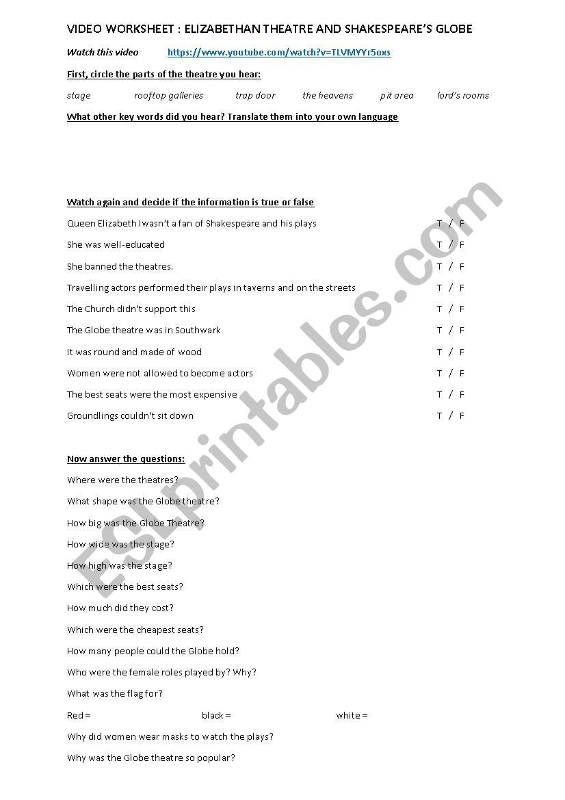 Elizabethan Theatre : Shakespeare´s Globe - ESL worksheet by plabrosse