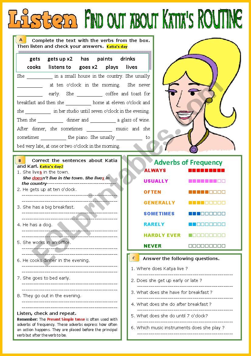 Listen and find out about Katia´s daily routine. Listening. + Key and ...