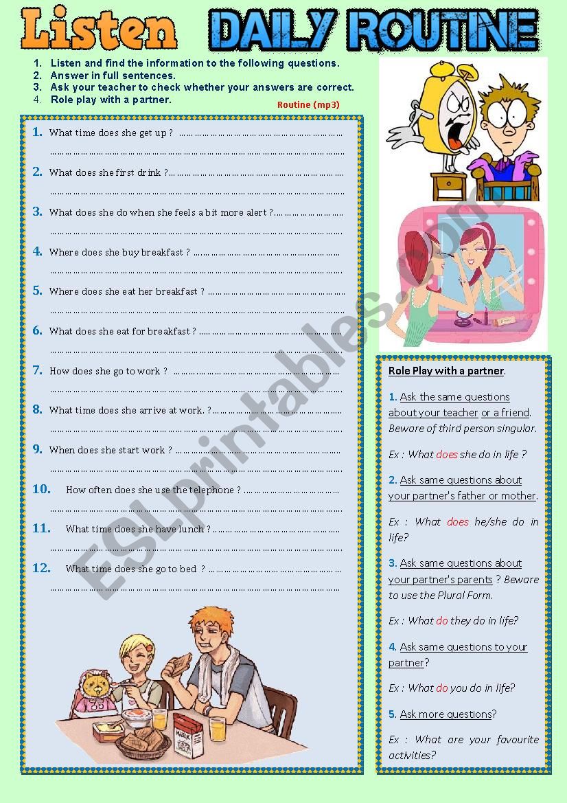 Daily Routine Listening KEY And Script ESL Worksheet By Karagozian