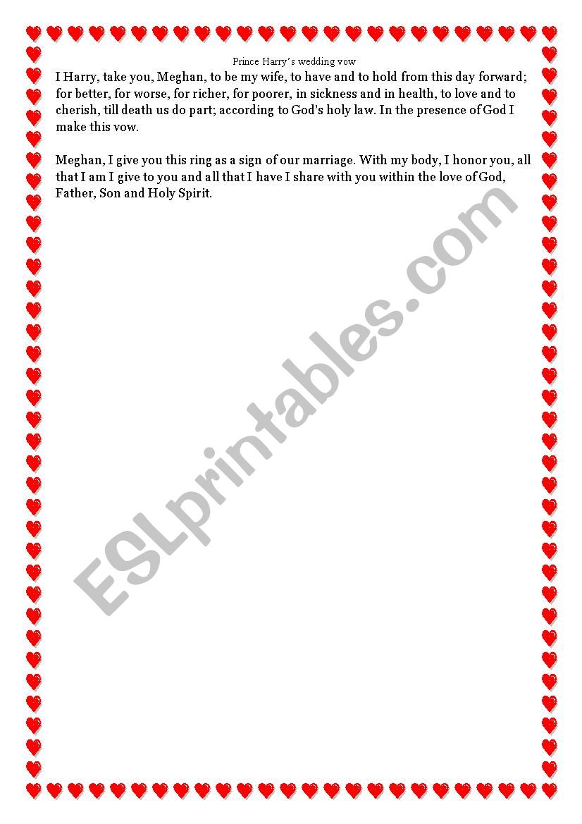 Prince Harry´s vow - ESL worksheet by Xeniya_Victorovna
