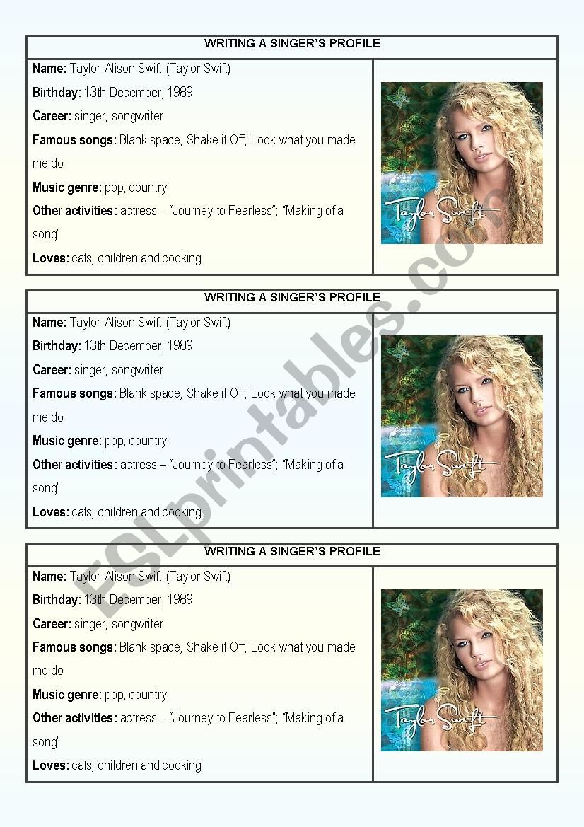 Writing - singer´s profile (Taylor Swift ) - ESL worksheet by sandramaisa