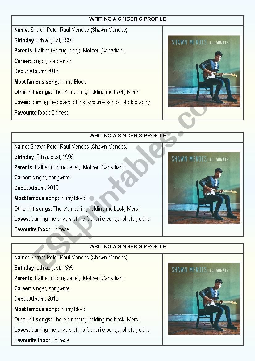 Writing - singer´s profile (Shawn Mendes ) - ESL worksheet by sandramaisa