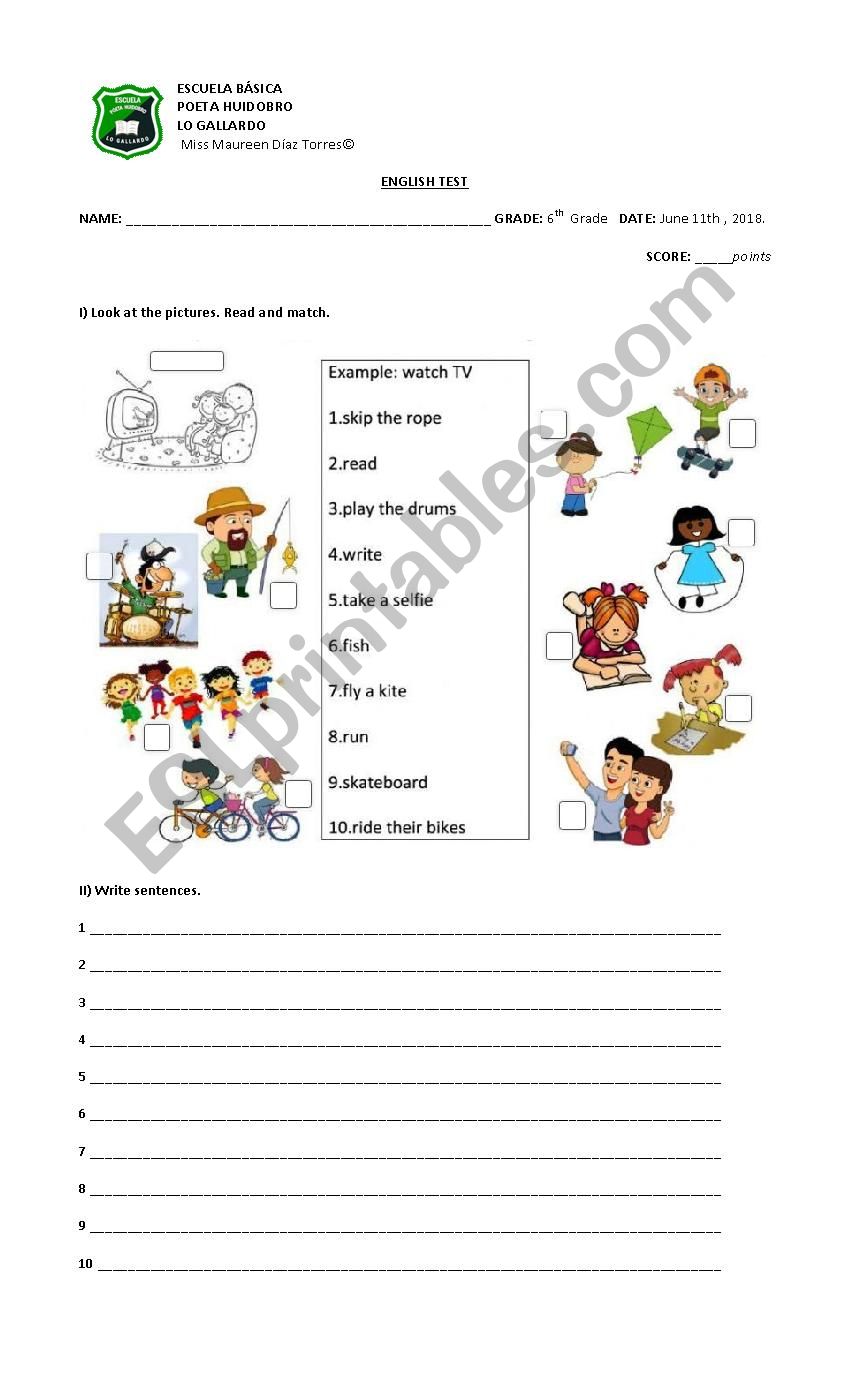 6TH GRADE PRESENT CONTINUOUS CAN CAN´T TEST - ESL worksheet by ...