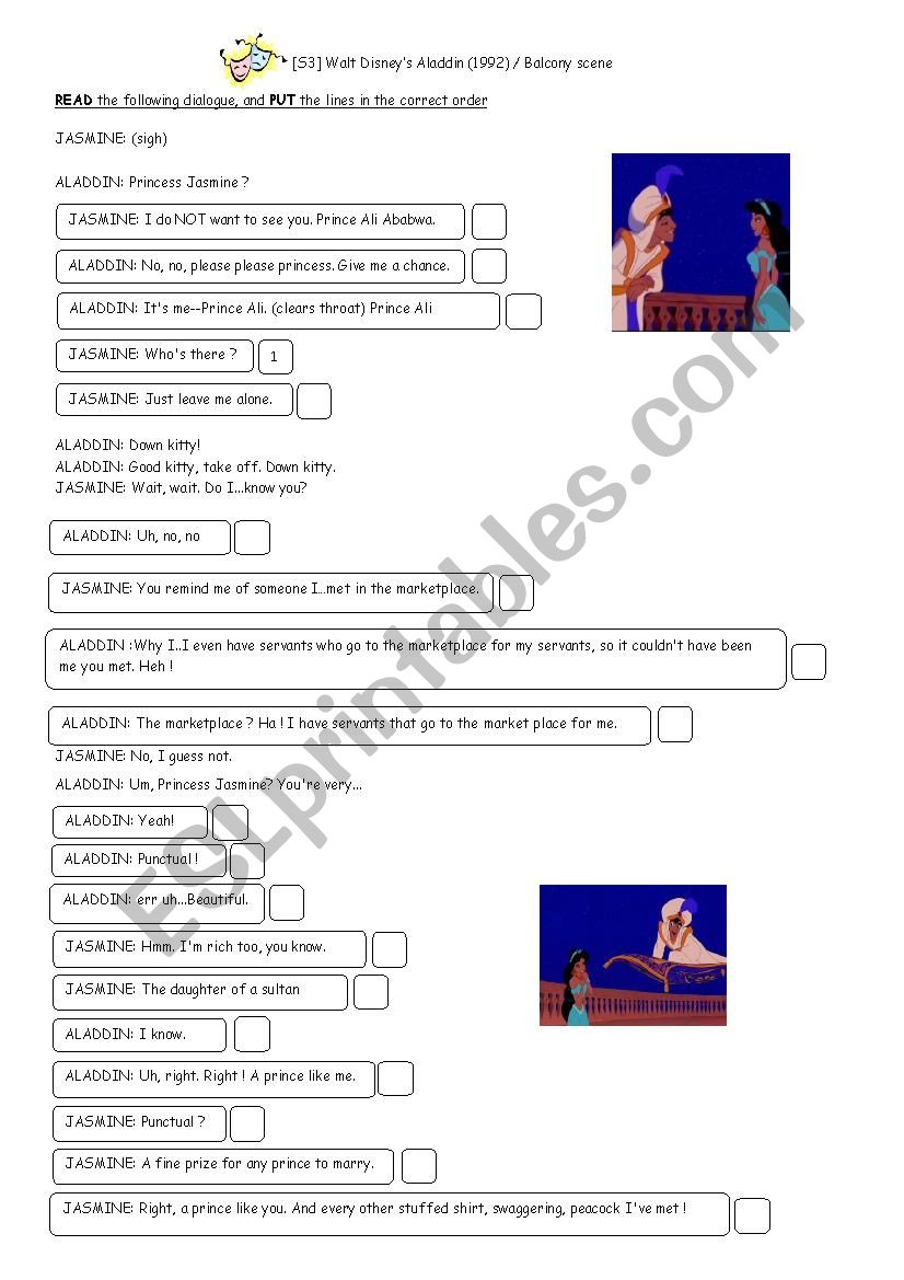 Disney´s Aladdin balcony scene - ESL worksheet by PierrePaq