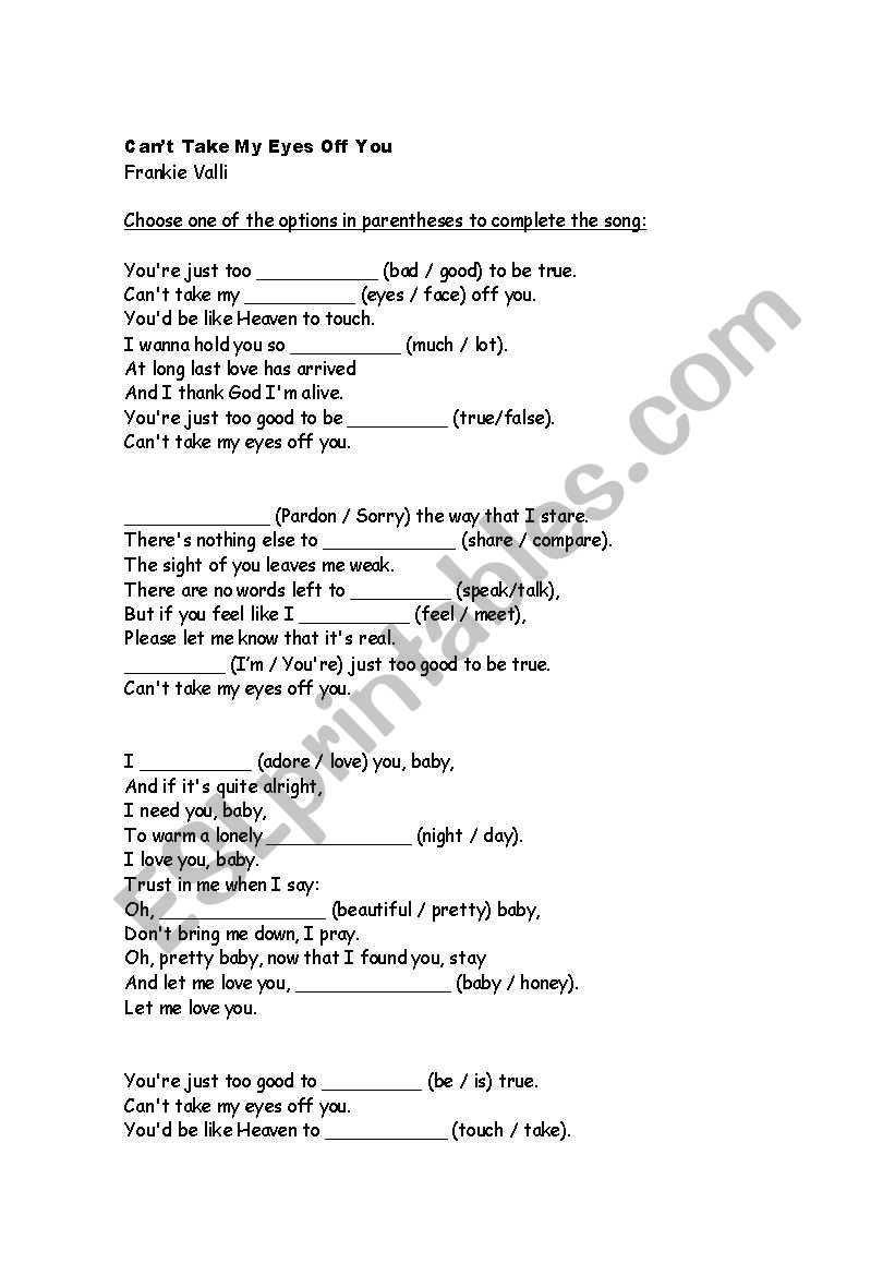 Song Activity: "CanÂ´t take my eyes off of you" by Frankie Vallie - ESL ...