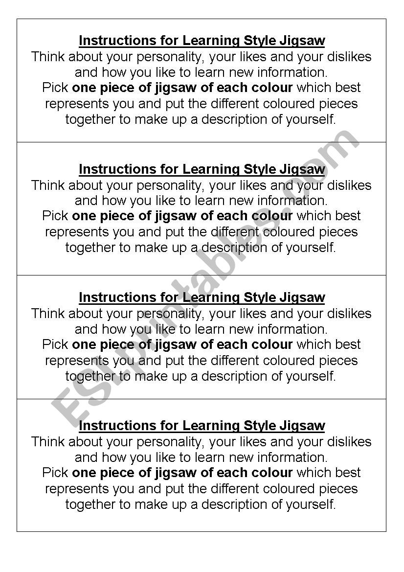 Learning Styles Jigsaw ESL Worksheet By Aftab57