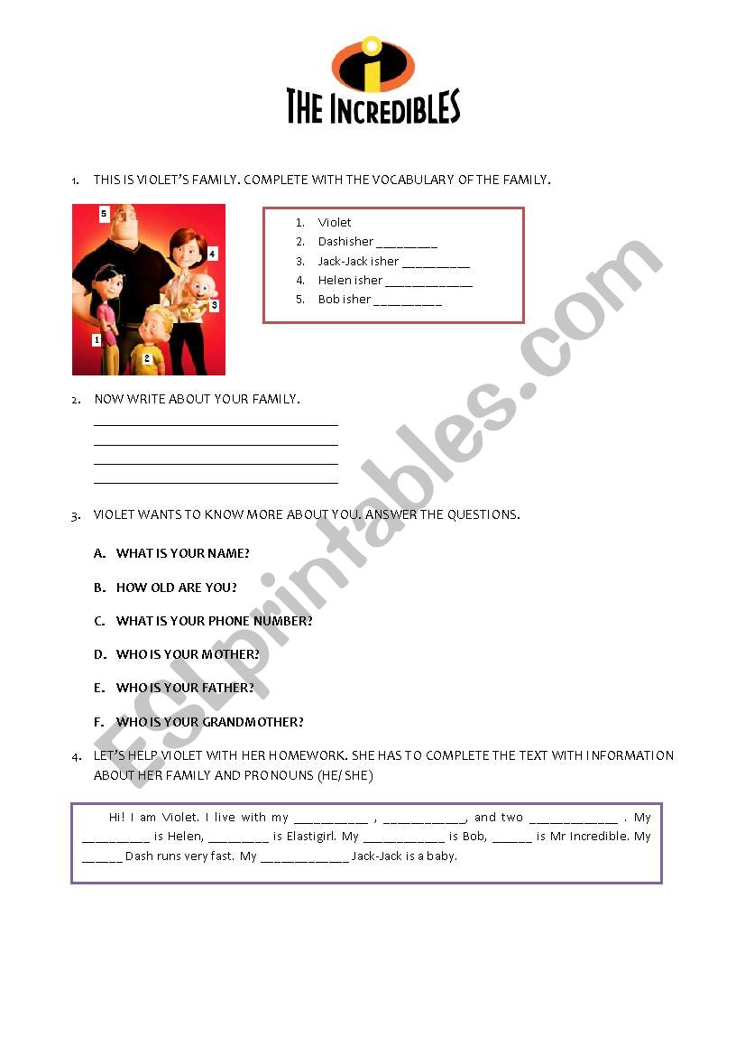 Violet´s family- The Incredibles - ESL worksheet by riosmariana9
