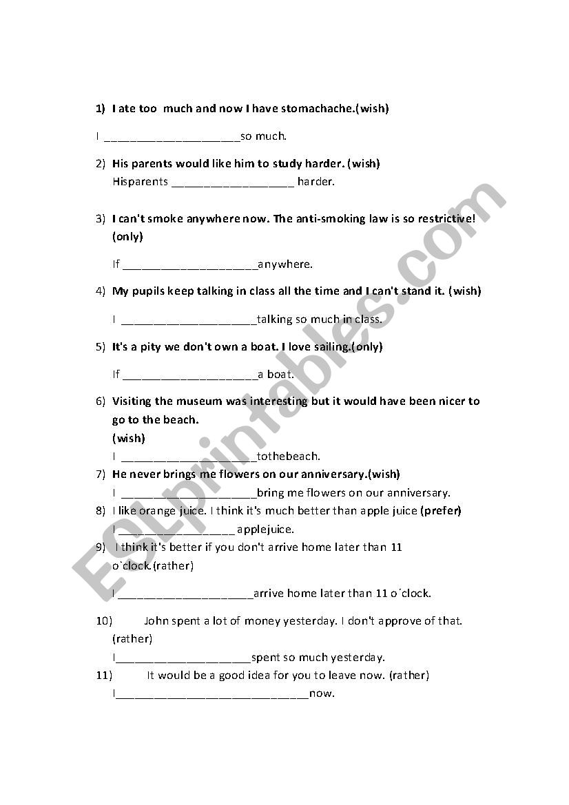 WISH/ IF ONLY/ I´D RATHER/ I´D PREFER - ESL worksheet by mariueu