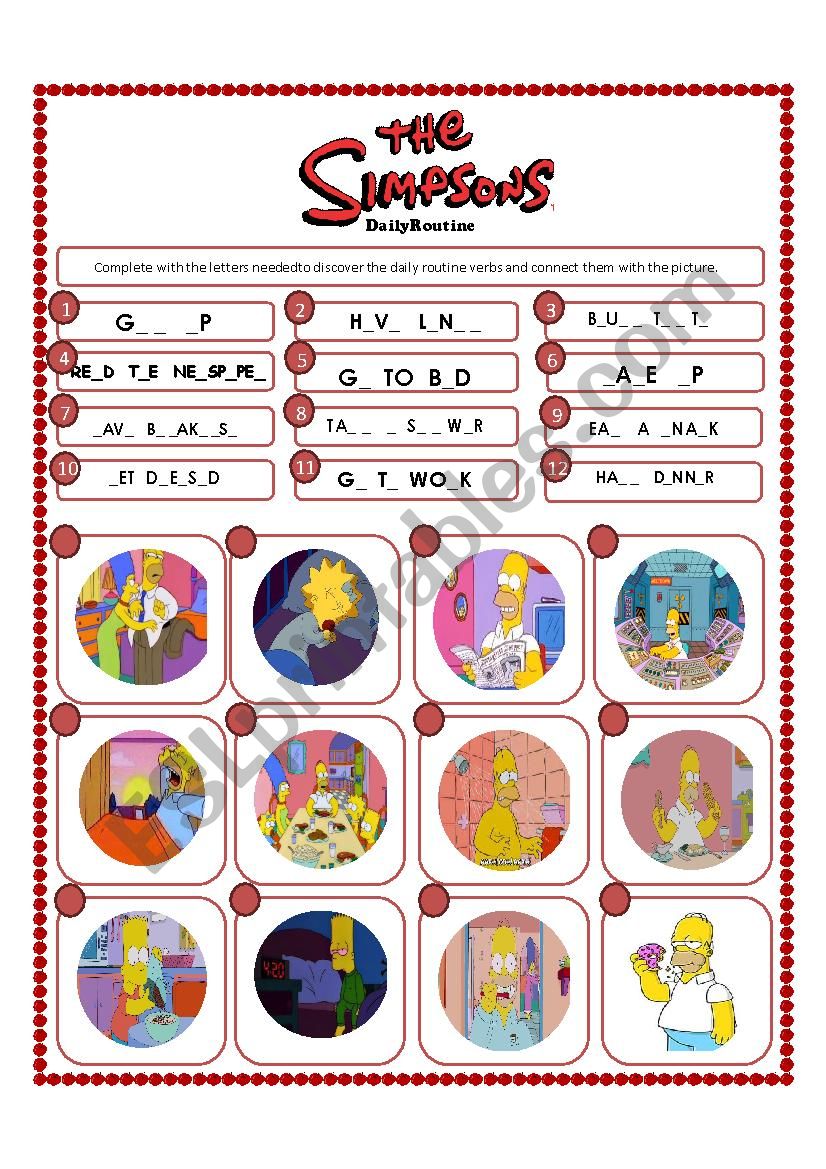The Simpsons´ daily routine (scrabble) - ESL worksheet by mdiazpul