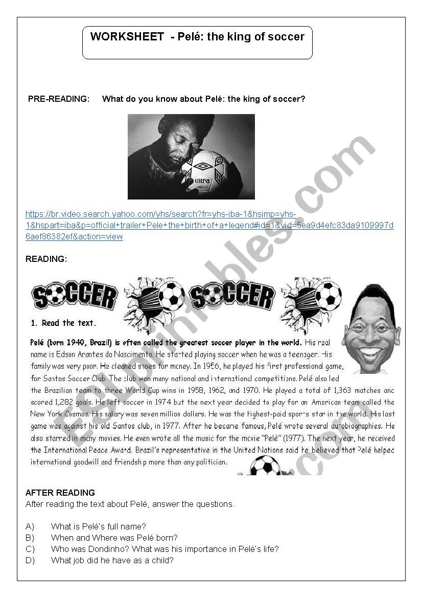 Pelé: The King of soccer - ESL worksheet by Cynthia Barros