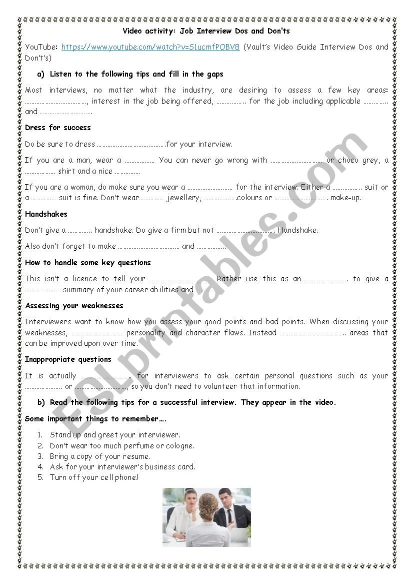 Video activity Job Interview Dos and Don´ts - ESL worksheet by mariaes