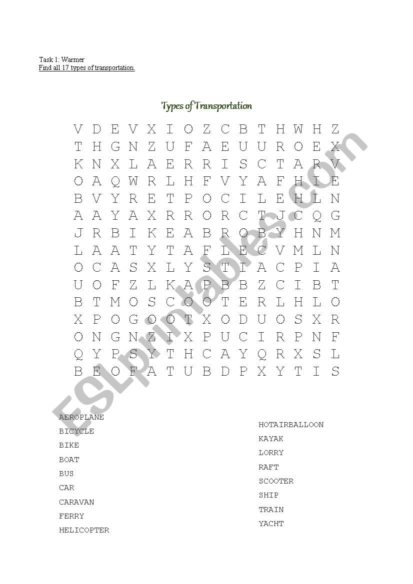 Types of Transportation - ESL worksheet by TeacherIzzati