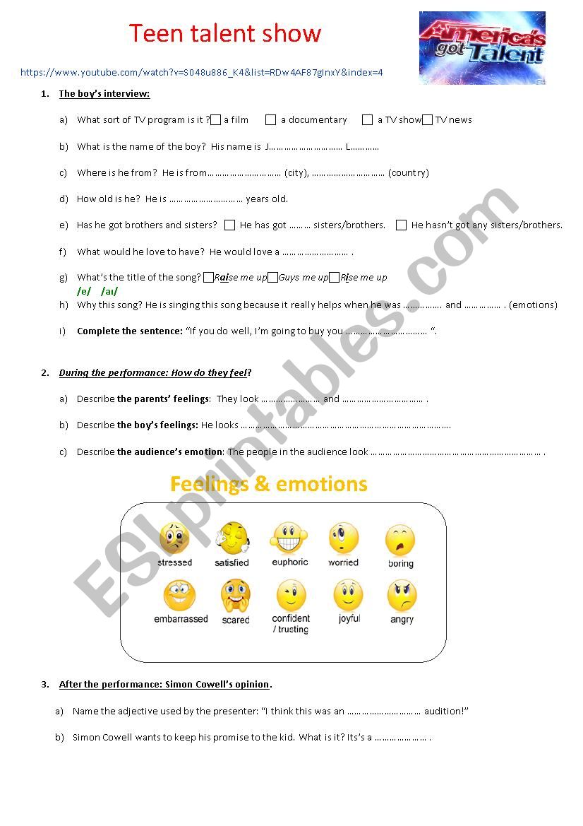 America´s got talent - ESL worksheet by rosebay