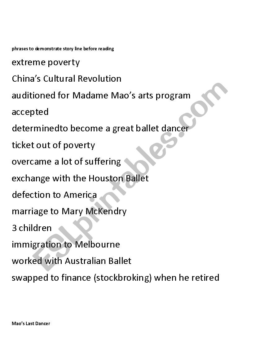 Mao´s Last Dancer reading comprehension - ESL worksheet by Trappgirl
