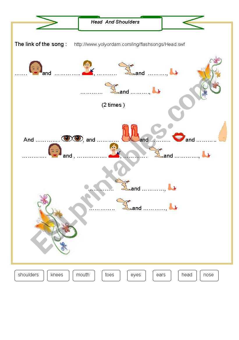 Song 2 : ´´ head and shoulders ´´ 11.08.08 - ESL worksheet by ng1972