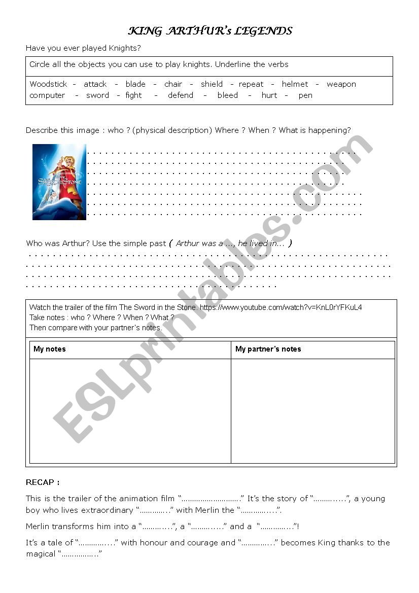 King Arthur´s youth - The Sword in the Stone trailer - ESL worksheet by ...